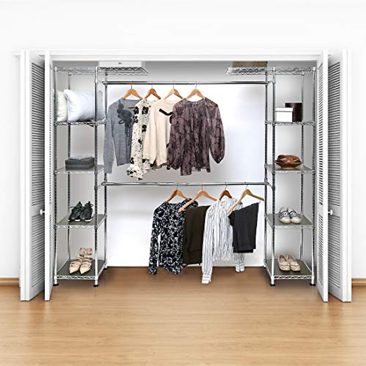 Seville Classics Double-Rod Expandable Clothes Rack System Closet Organizer, 58" to 83" W x 14" D x 72", Chrome