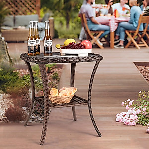 Outdoor Side Table Patio Wicker Coffee Table Outdoor End Table Rattan Bistro Table with Storage & Poly Lumber Table Top Square for Outside Balcony Porch Backyard Deck Brown