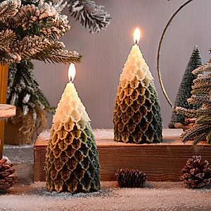 MTLEE 2 Pcs Christmas Tree Shaped Candles Large Christmas Candles Decor White Green Xmas Wax Scented Candles 2.5x5.5in Snow Tree Shaped Candle for Christmas Holiday Table Decoration
