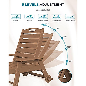Lounge Chair Outdoor, Oversized Chaise Lounge Chair with 5 Positions, HDPE, Patio Lounge Chair with Wheels & Cup Holder for Pool, Deck, Poolside, Teak