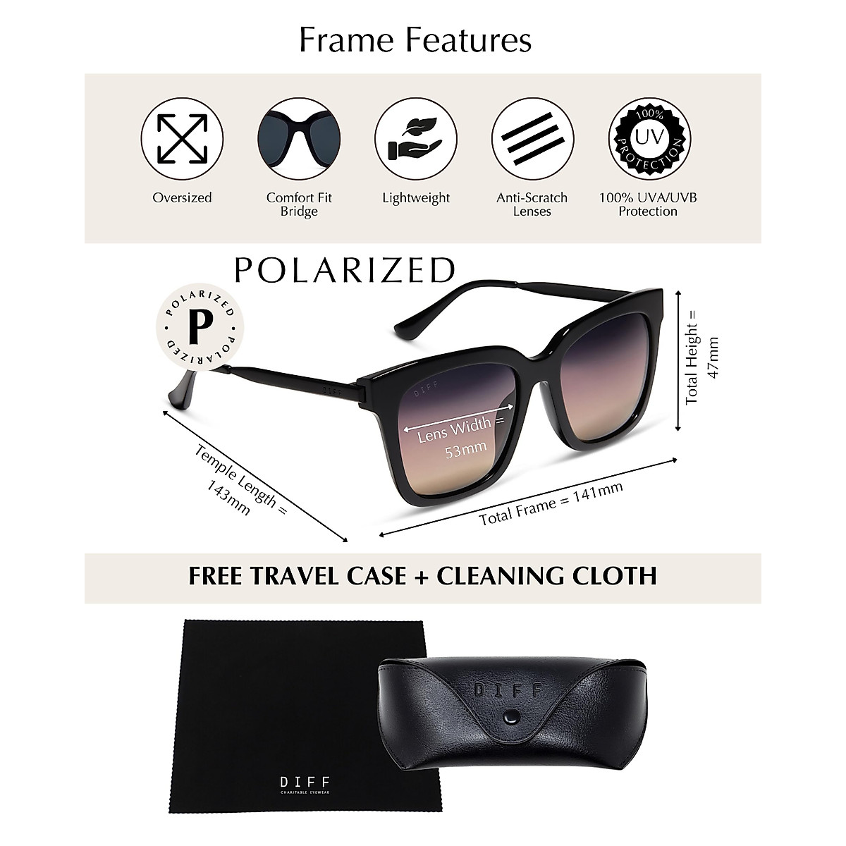DIFF Bella Designer Oversized Square Sunglasses for Women UV400 Polarized Protection w/giftable travel case, Black + Twilight Gradient