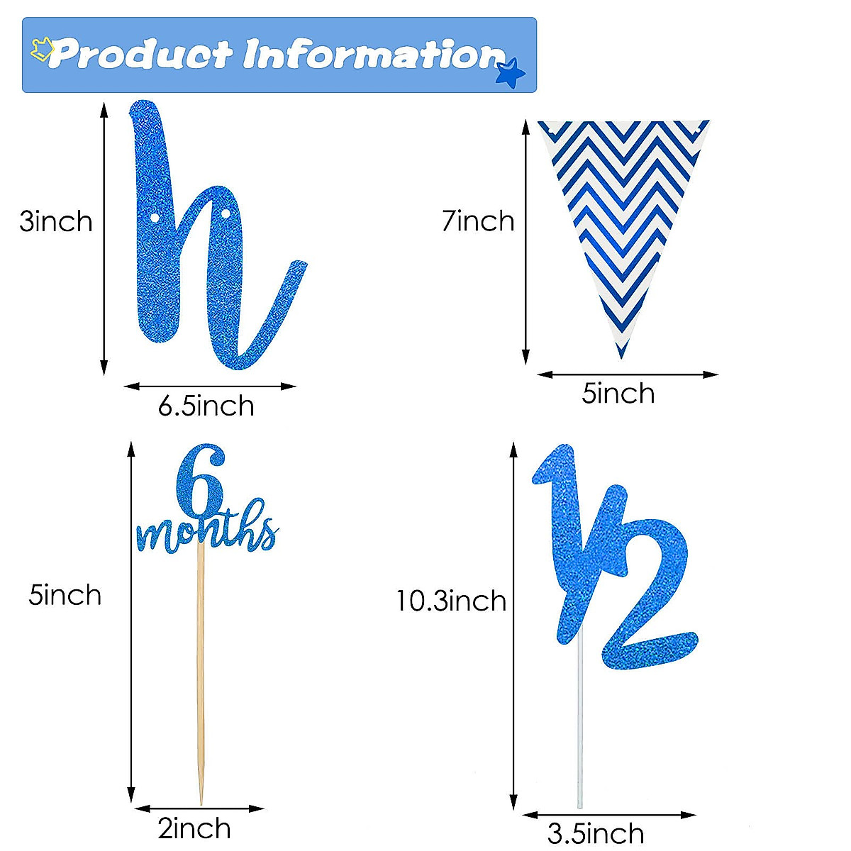 Half Birthday Decorations 6 Months Baby Boy Banner Cupcake Topper Pick 1/2 Half Year Cake Topper Triangle Flag Banner Confetti Balloons for Girl Boy Baby Shower (Dark Blue)