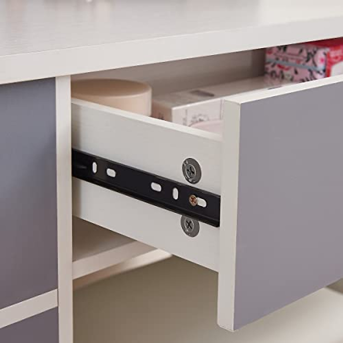 meolanov Large Vanity Desk Set with Mirror and Hidden Shelves & Cushioned Stool & 5 Drawers, White for Women Girls Bedroom