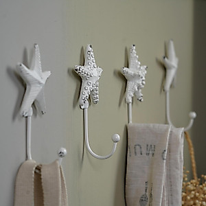 SOFFEE DESIGN Set of 4 Resin White Beach Starfish Coat Hooks, Starfish Retro Friction Process, High Load-Bearing, for Holiday Cottages, Seaside Cottages, Children's Rooms