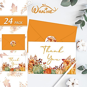 Whaline 24 Pack Fall Thank You Cards Bulk Watercolor Orange Green Pumpkin Greeting Cards with Envelopes Stickers Blank Note Cards for Autumn Party Supplies, 4 x 6 Inch