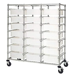 Quantum BC216069M1TCL Triple Bay Mobile Bin Cart Kit | (21) DG93060 Clear Dividable Bin Container for Display | 1200 lbs Load Capacity | 60"L x 24"W x 69"H, Polypropylene, Chrome Plated Carbon Steel