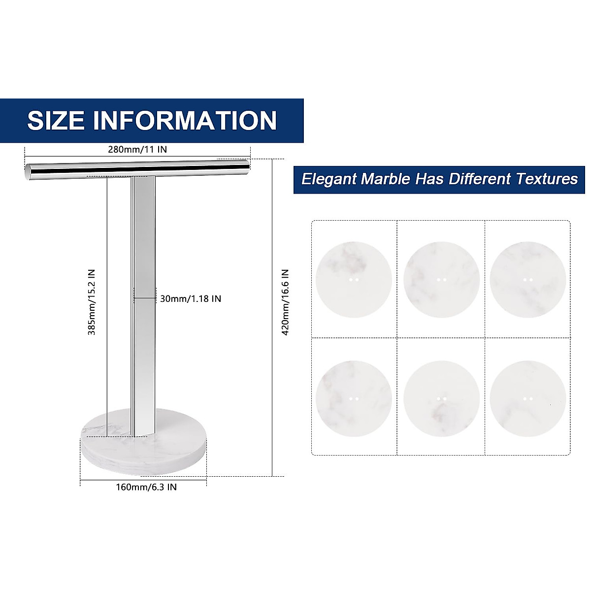 NearMoon T-Shape Hand Towel Holder-Bathroom Towel Rack-Stand with Balanced Base Towel Bar for Bathroom Kitchen Vanity Countertop, Modern Stand Towel Ring with Marble Base (16 Inch, Chrome)