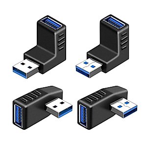 Urtop 4 Pack USB 3.0 Male to Female Angle Adapter, Left Right Up and Down Angle 90 Degree 270 Degree USB Cable Extender Connector Support Data Sync & Max 2A Charging