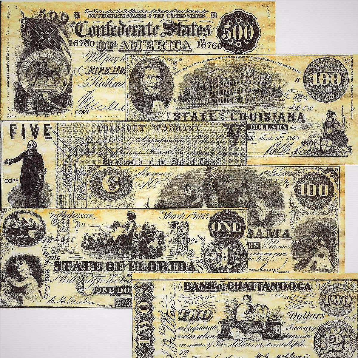 Historical Documents Confederate Currency Set: 25 Replica Notes (Set A, B, C, & D) - Civil War Era Currency Replica Set - Adults - Small - Unisex - Paper - No Assembly Required