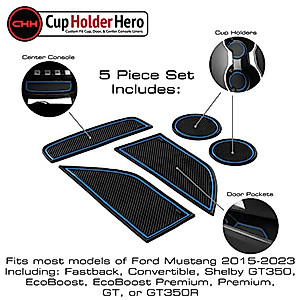 CupHolderHero fits Ford Mustang Accessories 2015-2023 Premium Custom Interior Non-Slip Anti Dust Cup Holder Inserts, Center Console Liner Mats, Door Pocket Liners 5pc Set (Blue Trim)