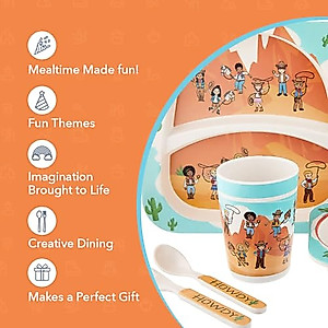 5 Piece Kids Dinnerware Set, Western Cowboys Themed Kids Utensils Set, Bamboo Fiber Plate, Bowl & Cup, Lightweight & Shatterproof Toddler Feeding Set, Children Safe Kitchen Set, Fun Toddler Utensils