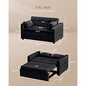 YITAHOME 55" Convertible Sofa Bed, Velvet Sleeper Sofa with Pull-Out Bed, 3-in-1 Futon Couch with Reclining Backrest and Side Pocket, Modern Loveseat for Living Room, Black, Full Size