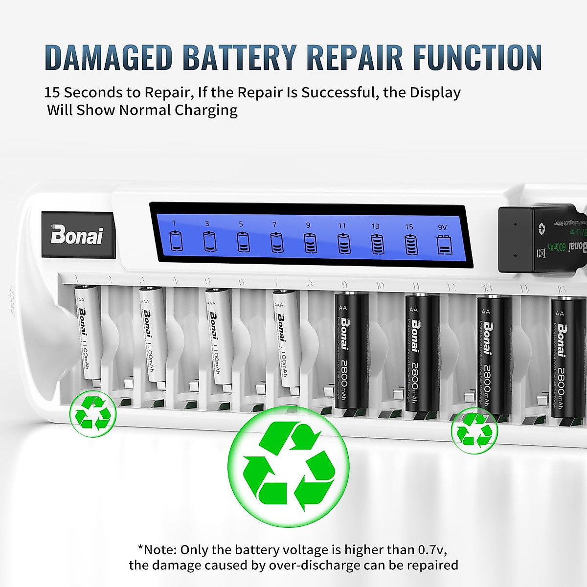Bonai 16+2 Bay AA AAA 9V Battery Charger for NiMH NiCD Rechargeable Batteries Independent Control with Smart LCD Display and AC Wall Adapter, Battery not Included - White