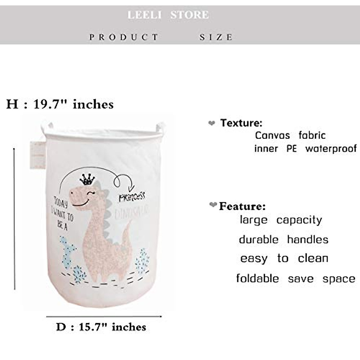 LEELI Laundry Hamper with Handles Collapsible Canvas Laundry Basket,Waterproof Storage Basket Home Organizer for Nursery,Clothes,Toys,Baby Hamper19.7×15.7(pink dinosaur)