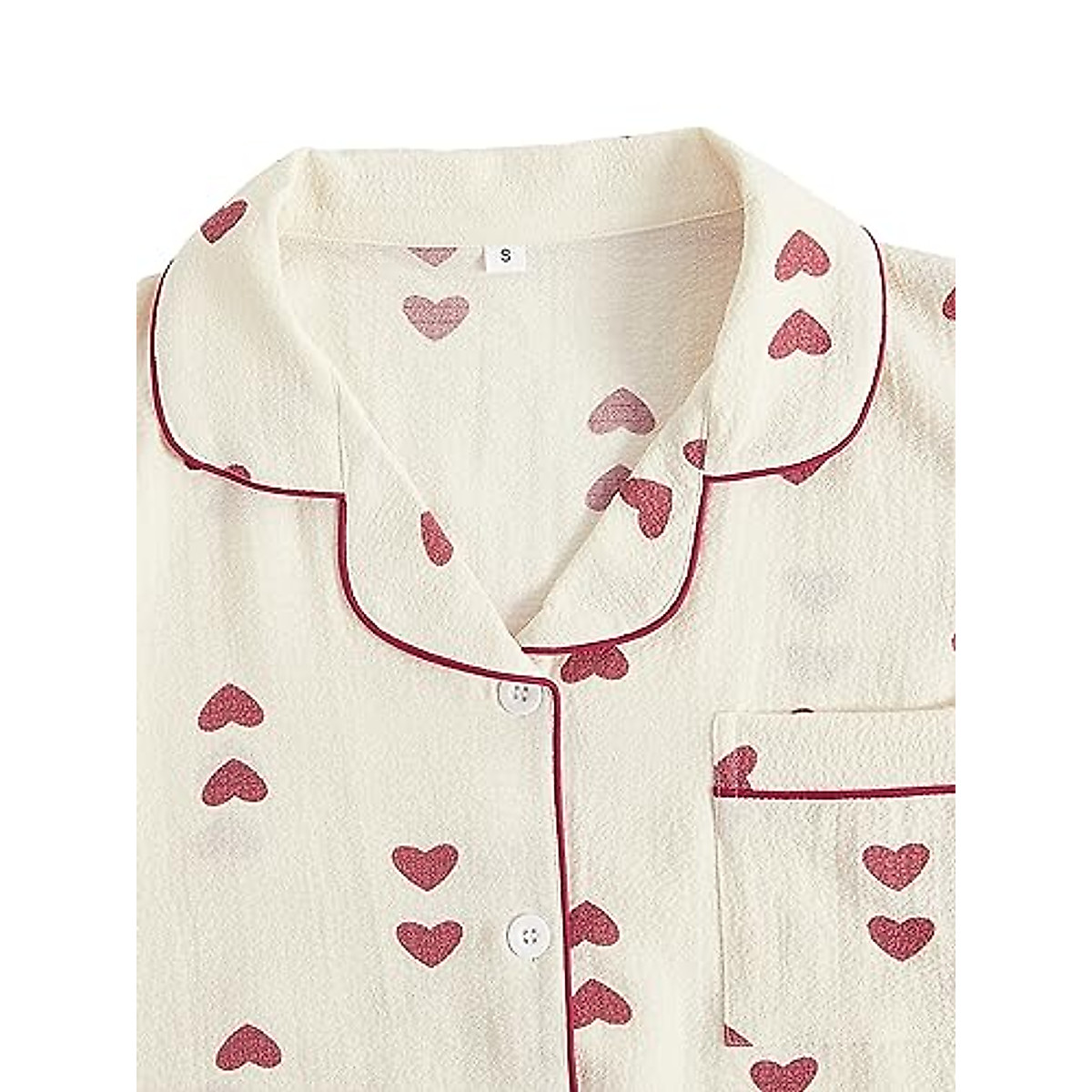 Verdusa Women's Two Piece Heart Print Button Down Collar Shirts and Shorts PJ Sets Beige M