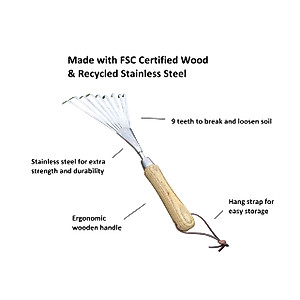 Garden Guru Eco Hand Rake Soil Tiller- 100% Recycled Stainless Steel - Rust Resistant - FSC Certified Wood Ergonomic Handle - Great for Gardening, Cultivating, Loosening Soil & Spreading Mulch