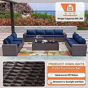 ALAULM 12 Pieces Outdoor Patio Furniture Set Sectional Sofa Sets Brown PE Rattan Patio Conversation Set w/10 Dark Blue Seat Cushions and 2 Coffee Tables