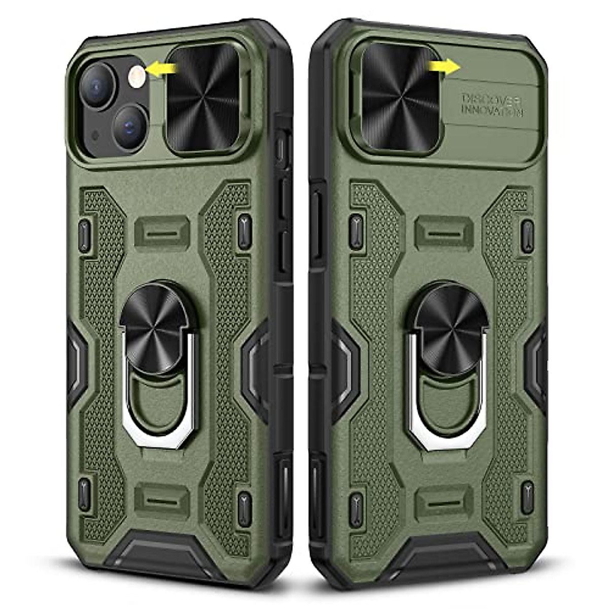 Caka for iPhone 13 Case, iPhone 14 Case with Camera Cover & Kickstand, Built-in 360°Rotate Ring Stand with Camera Lens Protection Magnetic Magnet Protective Phone Case for iPhone 13 iPhone 14-Green