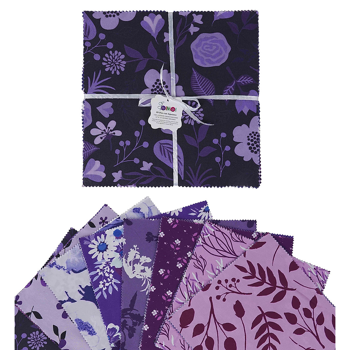 Soimoi Precut 10-inch Florals Prints Cotton Fabric Bundle Quilting Squares Charm Pack DIY Patchwork Sewing Craft- Purple