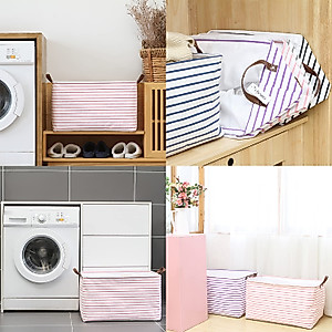 Hinwo 31L Large Storage Bins, Closet Organizers and Storage, Shelf Baskets, Foldable Clothes Storage Baskets with Handles, Containers for Clothing, Blanket, Towels, Toys, Bedding (Pink Stripe)