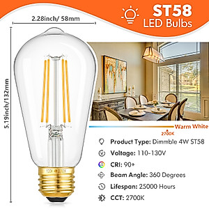 Kondras Dimmable Vintage LED Edison Bulbs, 4W 40W Equivalent LED Bulbs, ST58 Antique LED Filament Bulbs, 2700K Warm White LED Light Bulbs, E26 Gold Base Bulbs, Clear LED Bulbs CRI90+, 4 Packs
