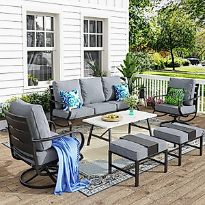 MFSTUDIO 6 Pieces Patio Conversation Sets(7 Seat),Outdoor Metal Furniture Sofas with 1 x 3-Seat Sofa,2 Swivel Chairs,2 Ottoman and & 1 Coffee Table,Wrought Iron Frame with Grey Cushion