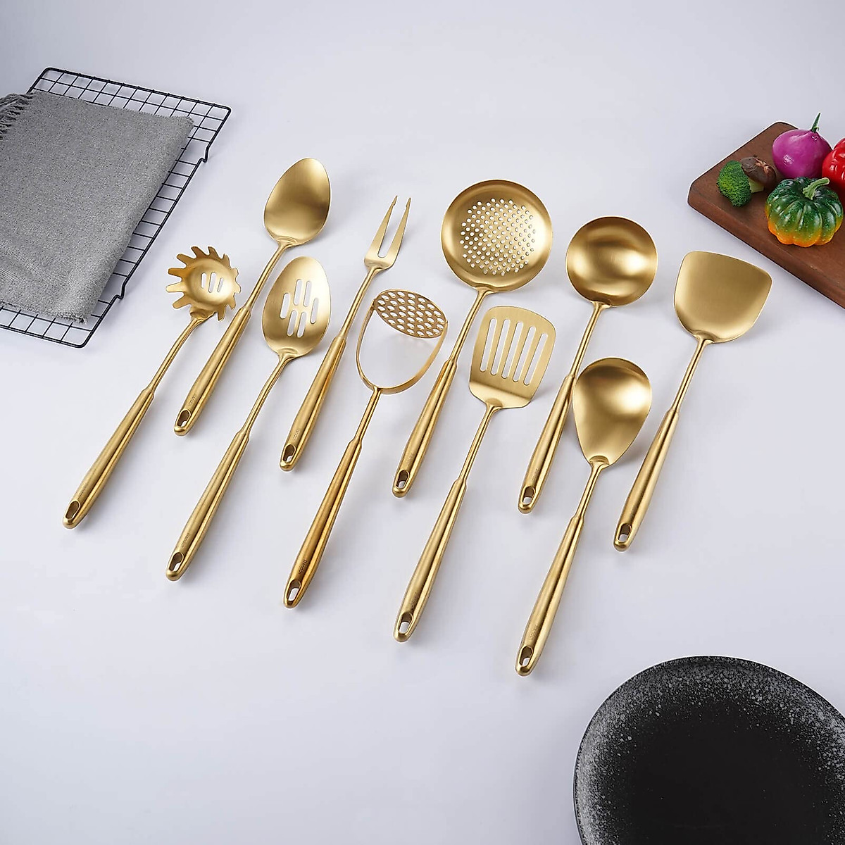 Gold Kitchen Utensils Set, 12 PCS Brass Matte Serving Utensils Set, 304 Stainless Steel All Metal Cooking Utensil - Potato Masher, Tongs, Spatula, Meat Fork, Ladle, Skimmer Spoon, Spaghetti Spoon Set