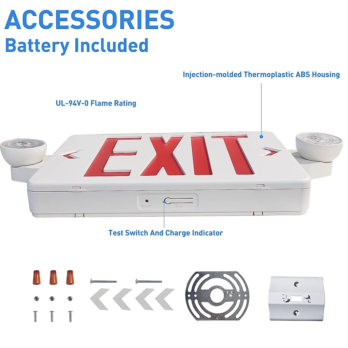 Exit Sign with Emergency Lights, Red Double-Face Exit Light with 90-Min Backup Battery, Universal Mount, Fire-Resistant ABS Housing, UL Listed, 120-277V (UL 94V-0 Rated)