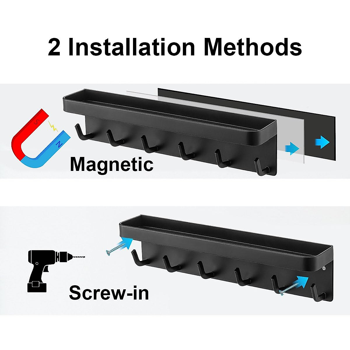 Magnetic Key Hooks with Mail Organizer Wall Mount Key Holder with 6 Hooks Key Rack with Tray Sunglasses Holder for Entryway Refrigerator Hallway and Office (Black)