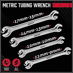SEDY 4-Piece Flare Nut Wrench Set, Offset End Spanner Metric 9,10, 11,12, 13, 14, 15, 17mm, CR-V Steel, with Storage Pouch for Repair and Remove Nuts on Fuel, Tube, Hose, Transmission Lines