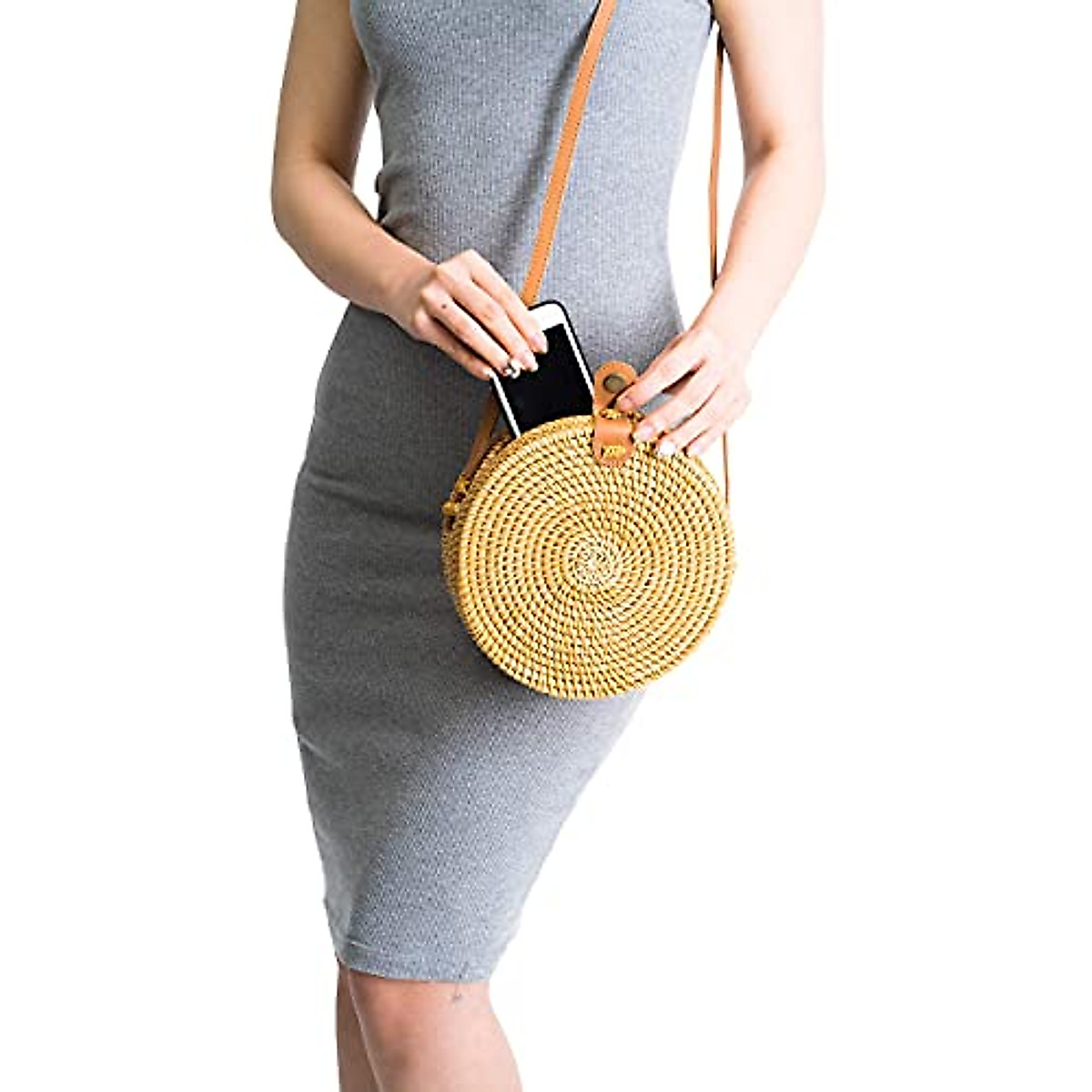 Natural NEO Handwoven Round Rattan Bag Shoulder Leather Straps Natural Chic Hand