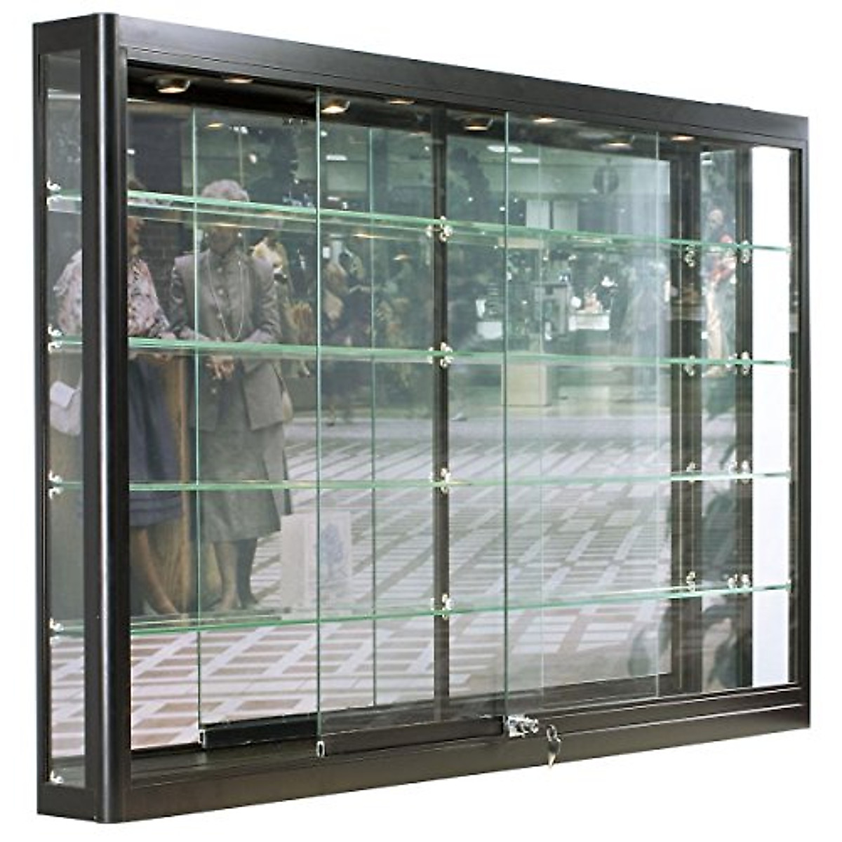 Displays2go Aluminum Display Cabinet for Retail with Lighting, Tempered Glass Shelves – Black (WC606LEDB)