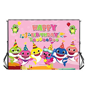 FUNTON Baby Shark Backdrop (Pink), Baby Shark Party Supplies, Baby Shark Birthday Decorations (5x3 FT)…