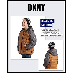 DKNY Boys' Winter Jacket - Midweight Polar Fleece Lined Quilted Insulated Parka Puffer Down Coat with Beanie Hat (Sizes:8-20), Size 10-12, Timber Tan/Charcoal