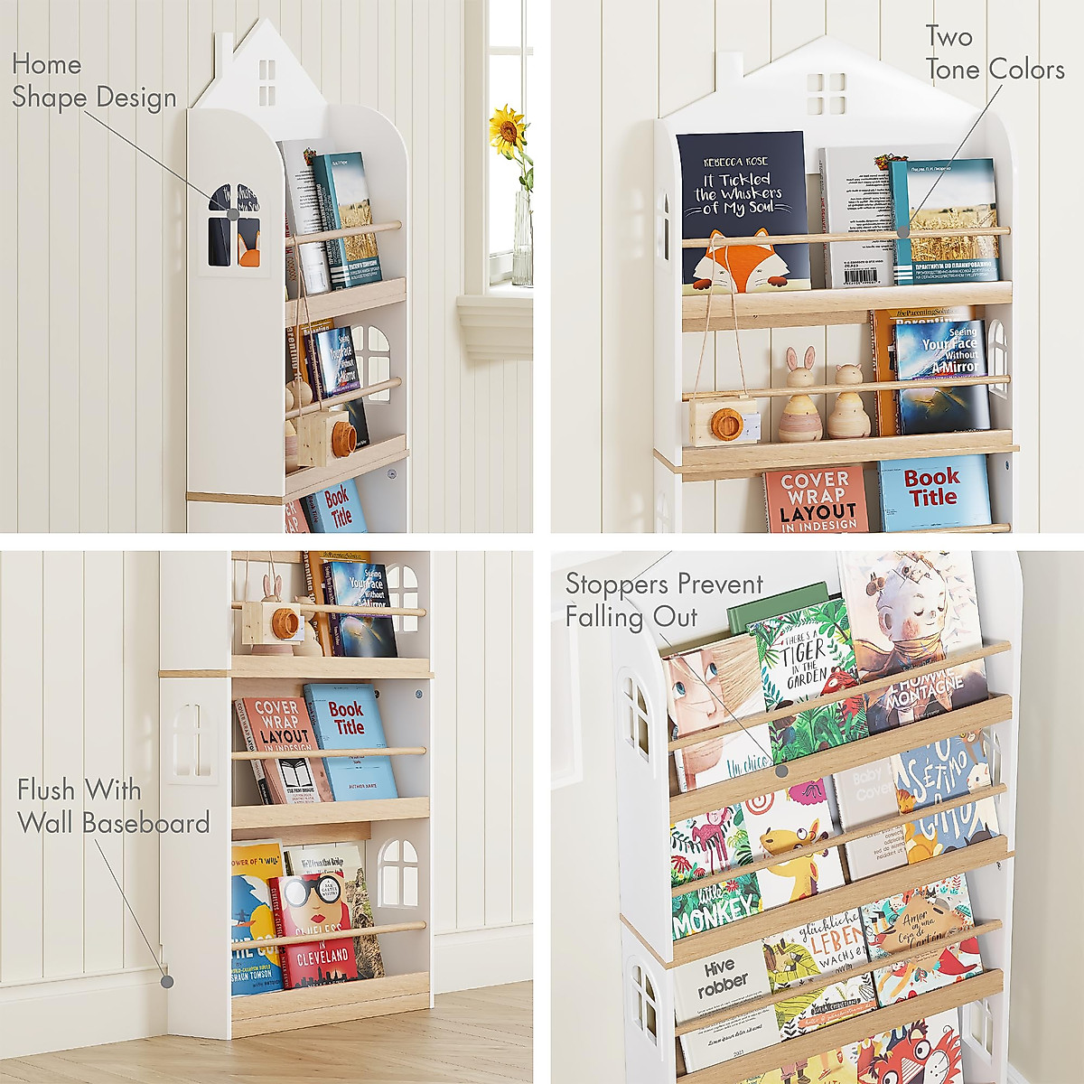 UTEX Kids Bookshelf Wall Mounted, 4-Tier Book Shelf Organizer, Tall Wooden Children's Bookcase, Storage Book Rack for Kids Room, Nursery, Bedroom, Living Room, White