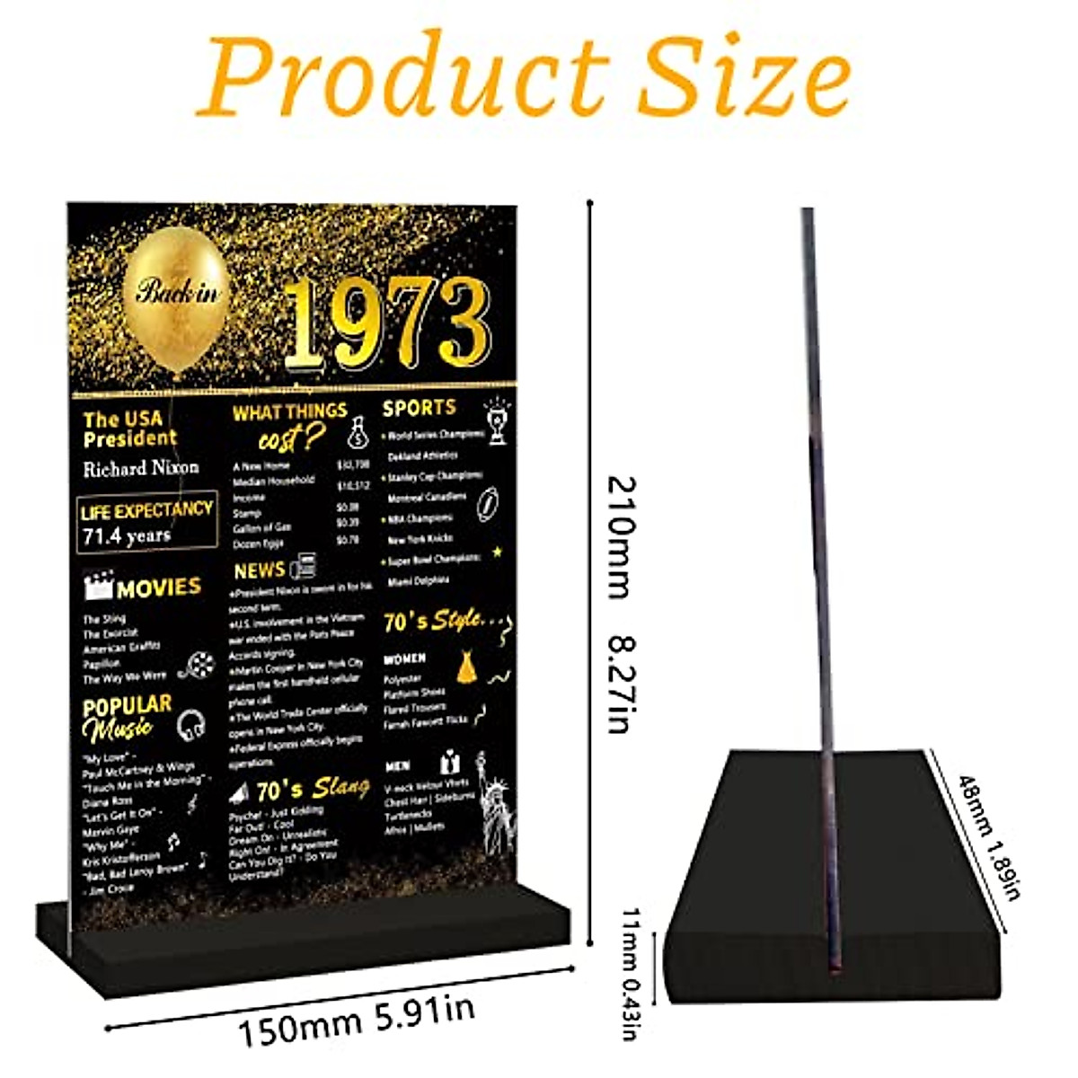 Vlipoeasn 50th Birthday Table Decoration for Men, Black Gold Back in 1973 Acrylic Table Sign with Wooden Stand, 50 Year Old Birthday Party Supplies, 50th Birthday Gift Centerpieces for Women