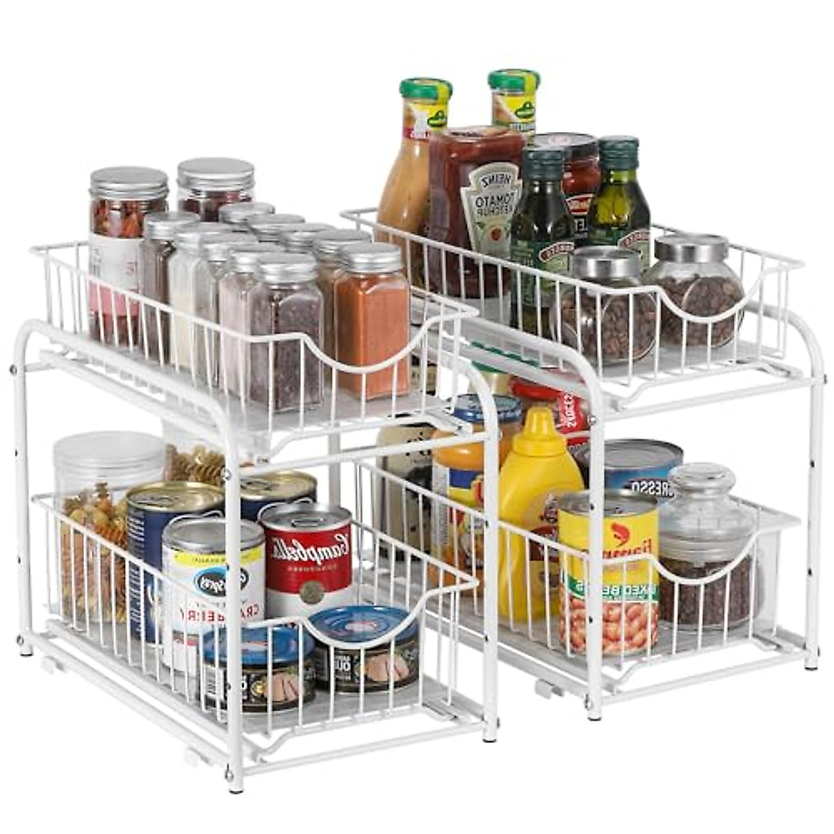 MOOACE 2 Pack Stackable 2 Tier Under Sink Cabinet Organizer with Sliding Storage Drawer, Pull Out Basket Organizer for Pantry, Under The Sink, Bathroom, Kitchen, White