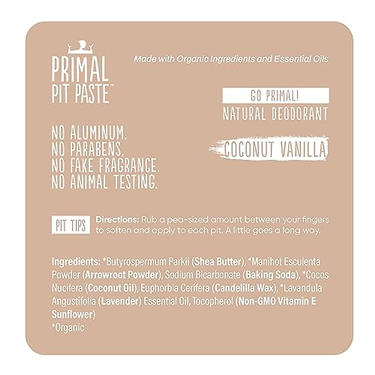 Primal Pit Paste Natural Aluminum-Free Deodorant, Baking Soda-Free, Coconut Vanilla (1-Pack) | Sensitive Skin Friendly, Effective Odor Control for Women & Men, Organic Ingredients and Essential Oils