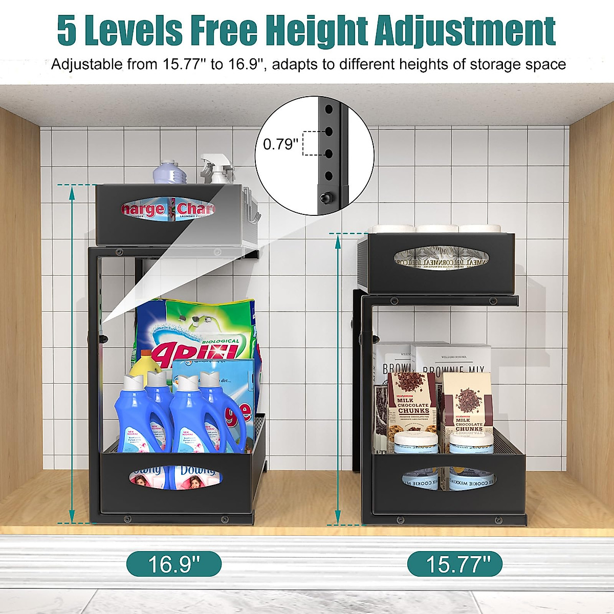 Housolution 2 Pack Under Sink Organizer, 2 Tier Metal Pull Out Under Sink Storage with Sliding Mesh Drawers, Height Adjustable Slide Out Under Sink Organizer for Kitchen Bathroom Cabinet, Black