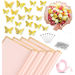 ROADPLUM 20 Sheets Flower Wrapping Paper, Pink Floral Wrapping Paper Bouquet Kit with 100 Pcs Diamond Bouquet Pins 60 Pcs 3D Gold Butterflies 1Roll Ribbon for DIY Craft Flower Wrapping Gift Packaging