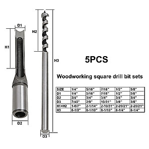 Woodworking Square Hole Mortise Drill Bit, 5pcs HSS Mortising Chisel Bits Mortiser Press Attachments Tool Square Drill Bits Countersink Bits for MDF, Particleboard Sizes 1/4, 5/16, 7/16, 1/2, 5/8IN