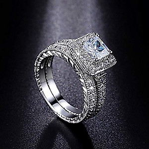Square Cubic Zirconia Bridal Set Princess Cut CZ Jewelry Engagement Wedding Rings Set (Sliver 7)