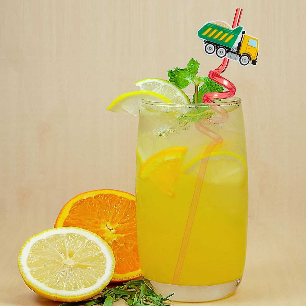 24 Construction Plastic Straws Reusable Drinking Straws with 2 Cleaning Brush Blender Truck Excavator Truck Bulldozer Transportation Straws Construction Party Favors Supplies Gift for Kids Boys