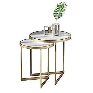 Articles for daily use Nesting Coffee Table White Living Room Coffee Table, Slate Sofa Side Coffee Table Round Coffee Table, Matte Gold Metal Frame Home Decoration 2 Piece Bedside Table