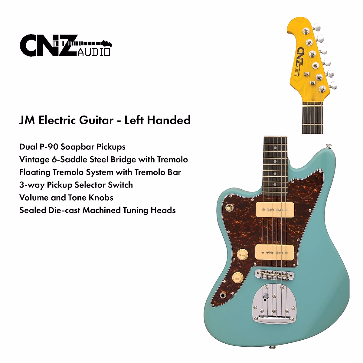 CNZ Audio JM Electric Guitar - Left Handed - Transparent Midnight Blue, Amber Maple Neck, Rosewood Fingerboard, Ivory Pickups & 3ply Tortoise Pickguard