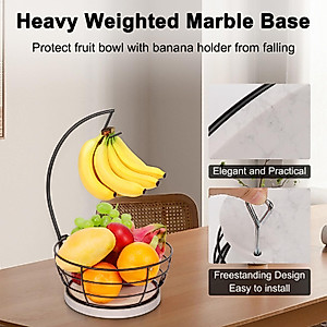 Livabber Countertop Fruit Basket Bowl with Banana Hanger, Modern Standing Fruit Vegetable Bowl Storage, with Banana Tree Holder for Kitchen Dinning Table (Round Marble, Black)