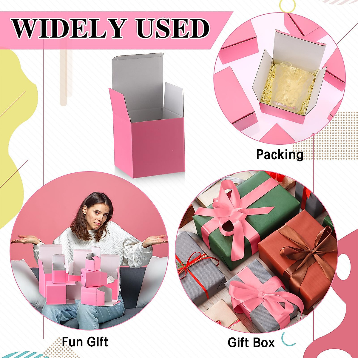 Yeaqee 24 Pcs Prank Gift Box with Ribbon Nesting Gift Boxes Assorted Sizes Surprise Square Funny Gag Gift Box for Packaging Presents Weddings Birthday Christmas Anniversaries, 1.9-6.3 Inch (Pink)