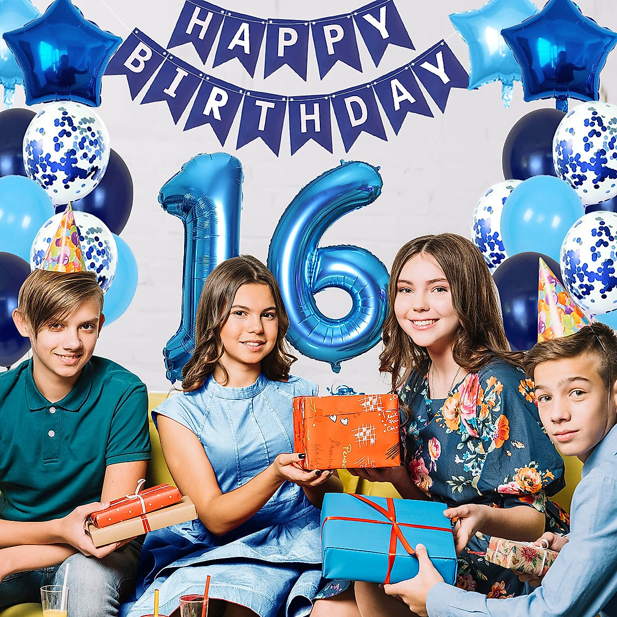 16 Birthday Decorations, Blue 16th Birthday Decorations Girls Boys Party Supplies, Happy 16th Birthday Balloons with Foil Fringe Curtains for Woman Men Birthday Party (16th)