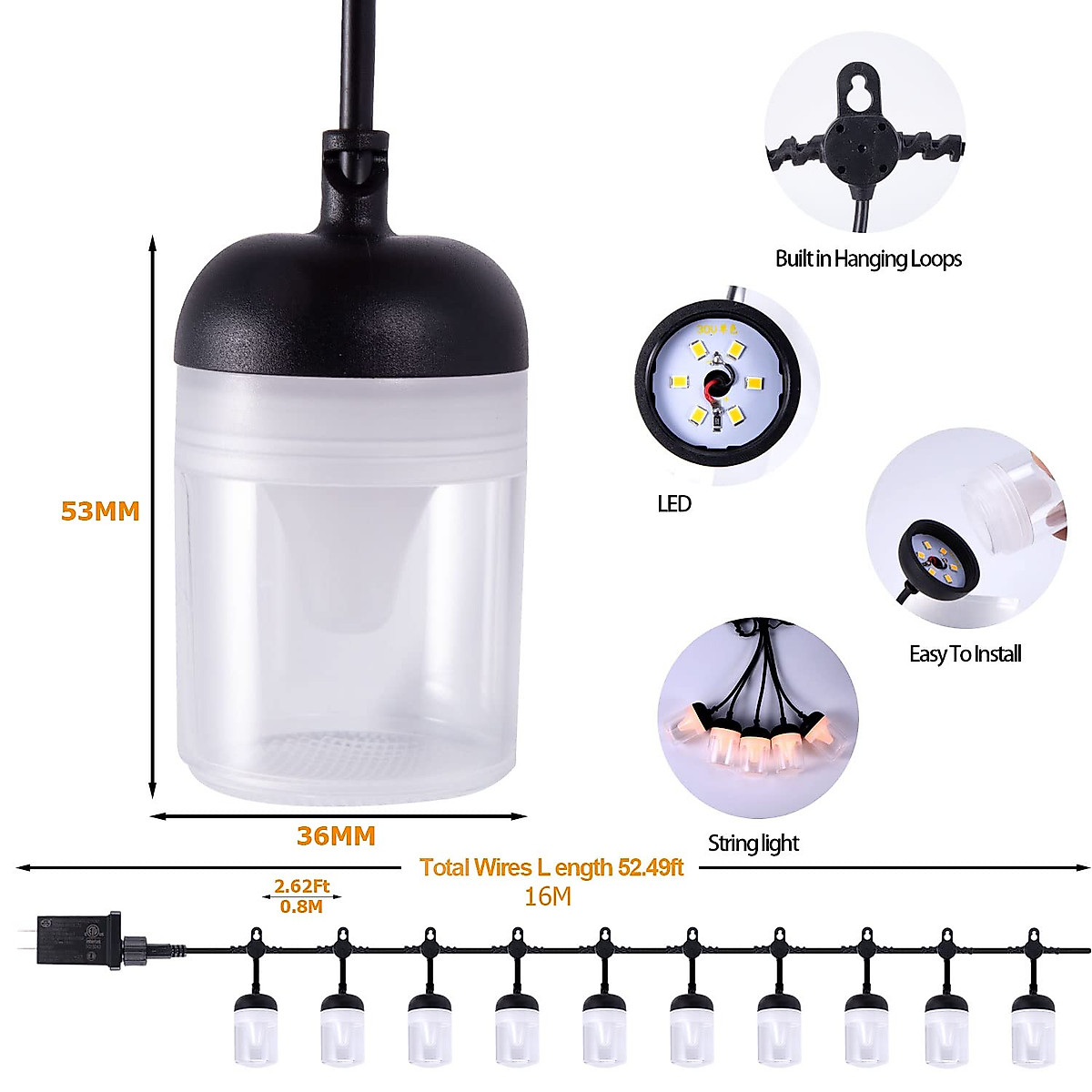 52.5ft Outdoor String Lights LUISTUL, Patio String Light with 16 Warm White shatterproof led Bulbs dimmable Controller for Garden Backyard Christmas Porch Hanging Decor