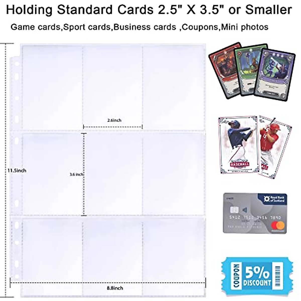 30 Pack 540 Pockets Trading Card Sleeves, Double-Sided 9 Pocket Page Protector, Ultra-Transparent Card Sheets for 3 Ring Binder, Card Sleeves for Cards, Baseball Cards
